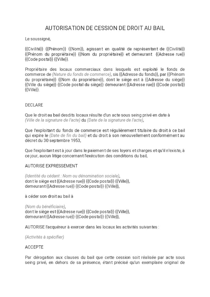 Autorisation de cession de droit au bail | Dossier Familial Autorisation de cession de droit au bail | Dossier Familial