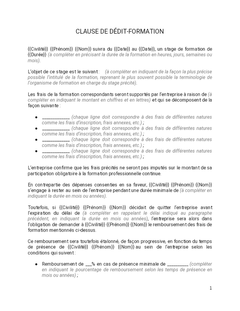 CDI clause de dedit formation | Dossier Familial