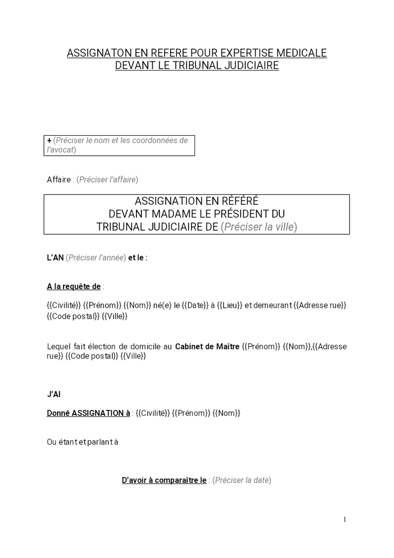Assignation en référé pour expertise médicale | Dossier Familial
