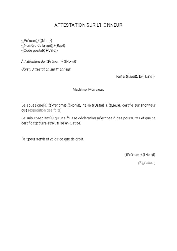 Declaration Sur Lhonneur Modele - Lettre 234 Declaration Sur Lhonneur Modele - Lettre 234