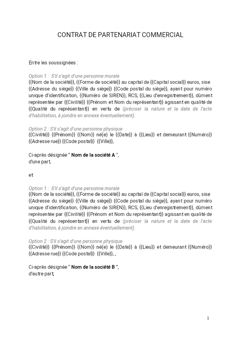 Contrat de partenariat commercial | Dossier Familial