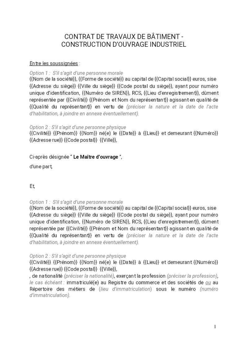 Contrat de travaux de batiment construction d'ouvrage industriel ...