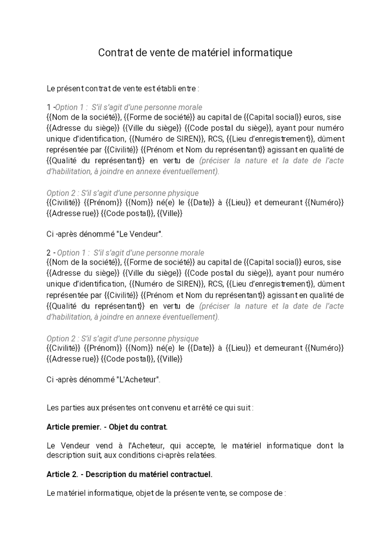 Contrat de vente matériel informatique | Dossier Familial