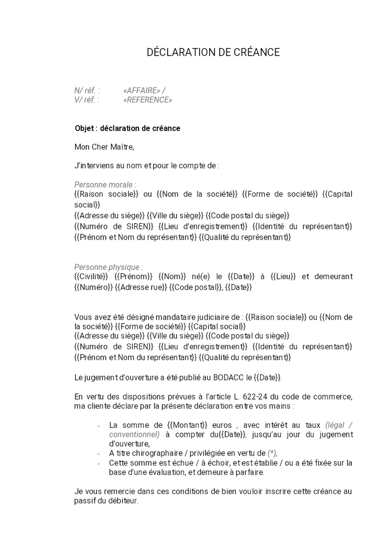 Déclaration créance | Dossier Familial