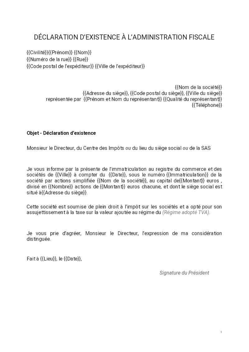Déclaration d'existence administration fiscale | Dossier Familial